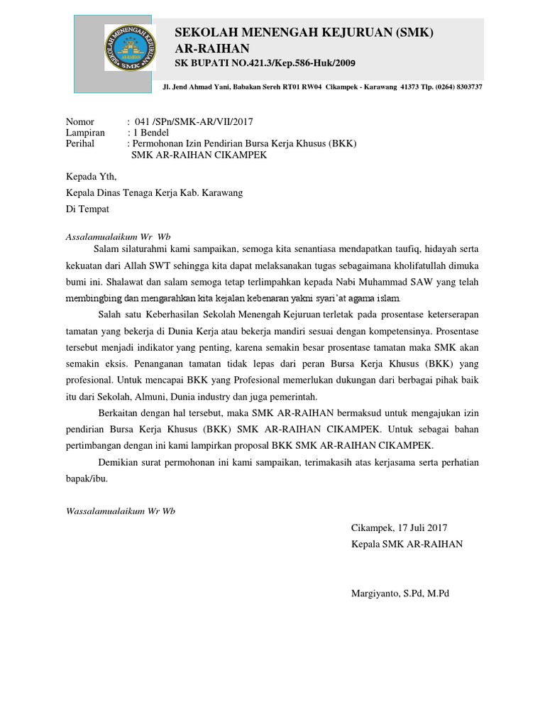 Surat Permohonan Pendirian BKK | PDF