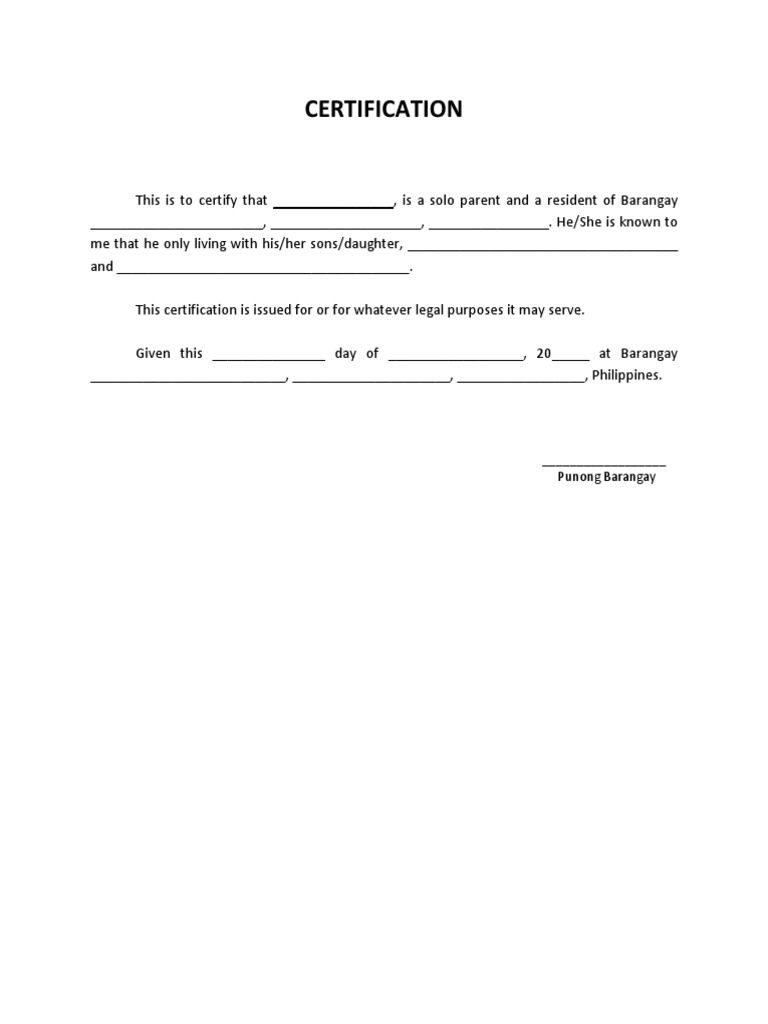 Certification of Solo Parent Status for [Name] of Barangay [Barangay ...