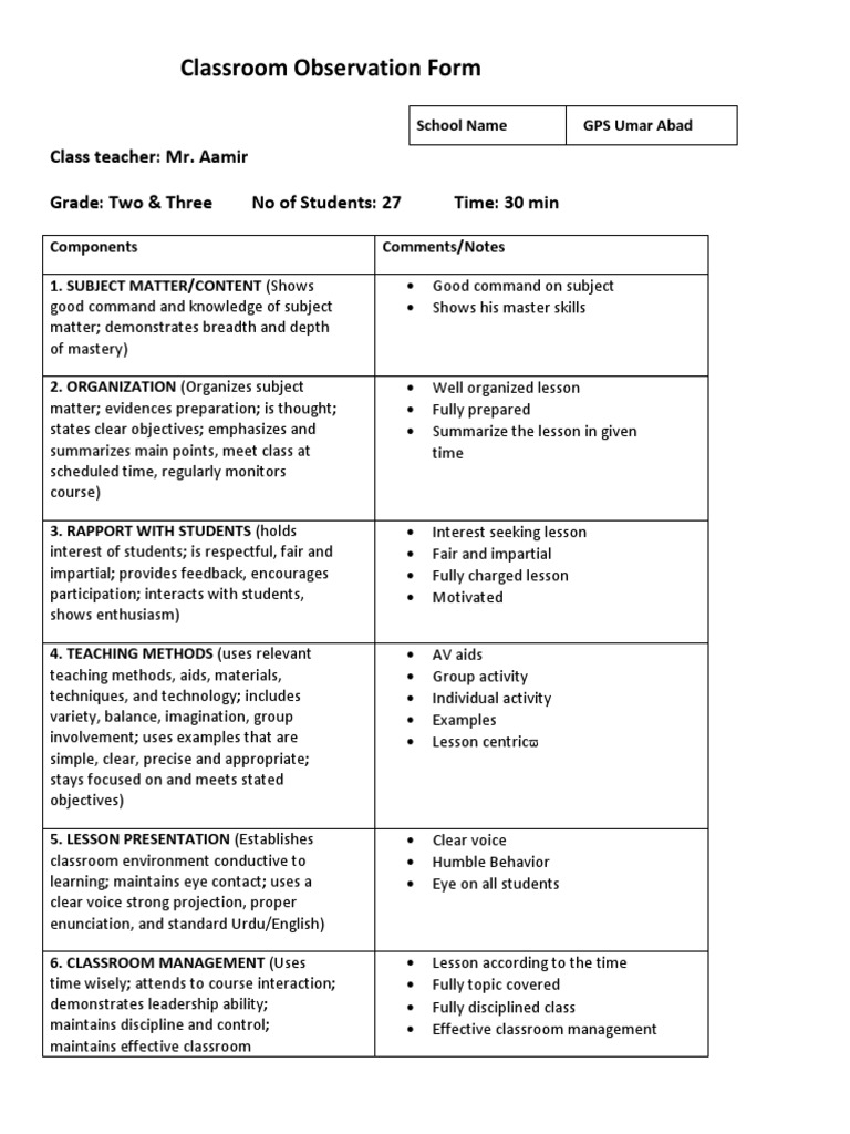 Classroom Observation Form | PDF | Teaching Method | Classroom