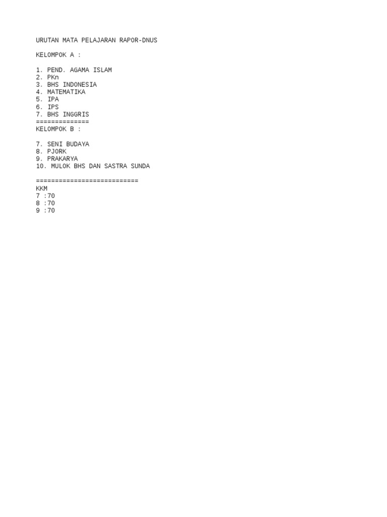 Urutan Mapel Dan KKM Mapel DNUS-Rapor | PDF