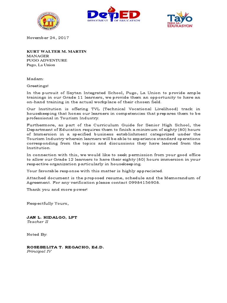 Work Immersion Letter | PDF | Curriculum | Tourism