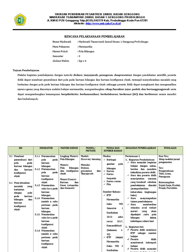 Contoh RPP Matematika Revisi Versi Landscape | PDF