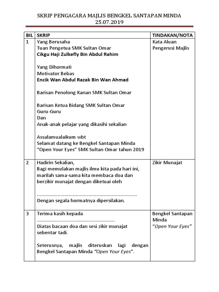 Skrip Pengacara Majlis Bengkel Santapan Minda 2019 | PDF