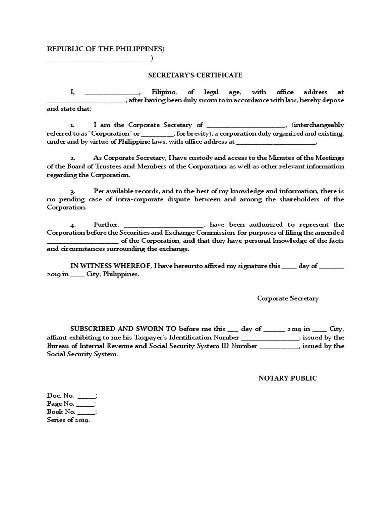 Secretary's Certificate of No Dispute Template | PDF