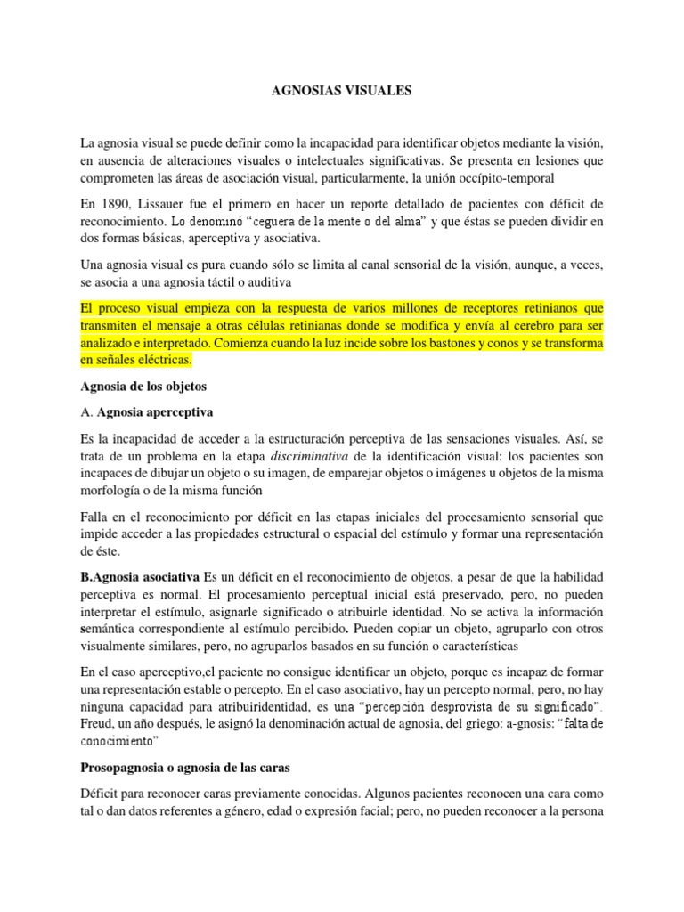 Agnosias Visuales y Tipos | PDF | Percepción visual | Neurociencia