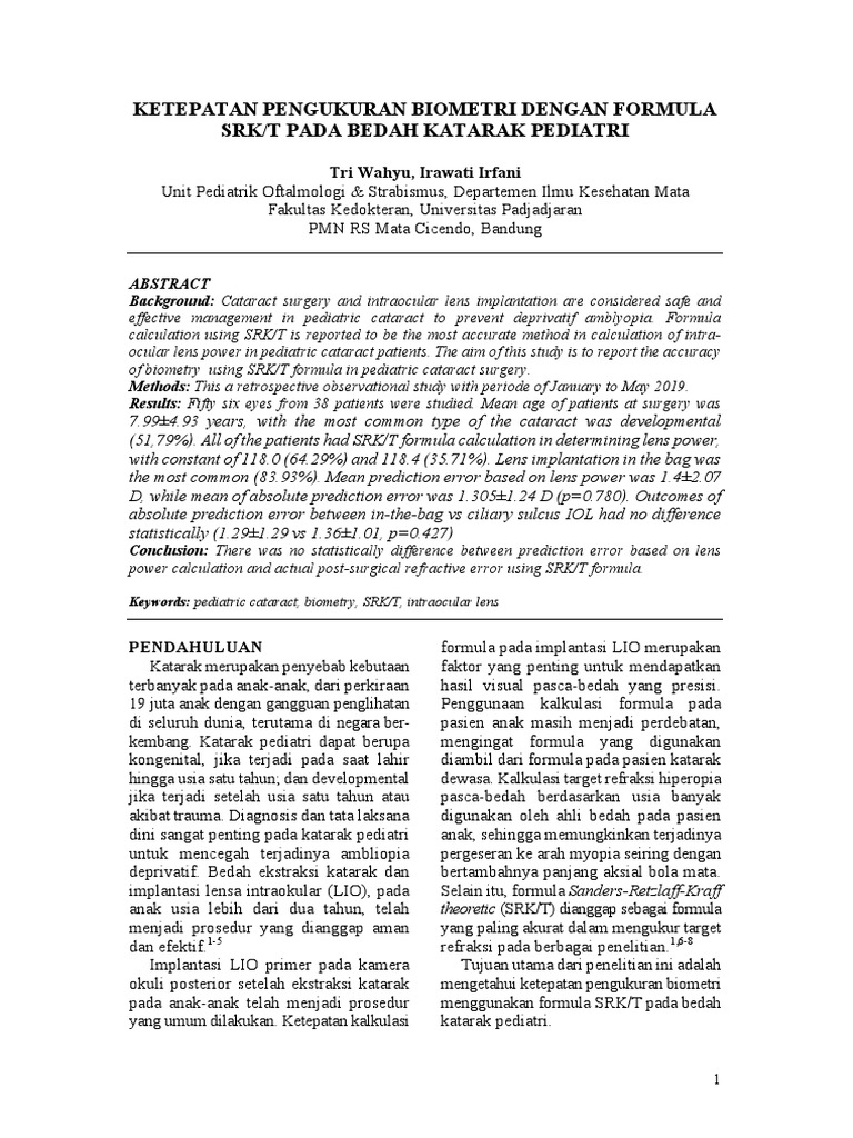 Ketepatan Pengukuran Biometri Dengan Formula SRKT Pada Bedah Katarak ...