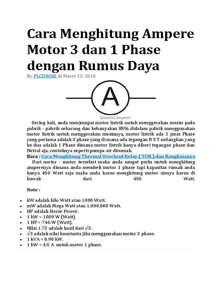 Cara Menghitung Ampere Motor 3 Dan 1 Phase Dengan Rumus Daya | PDF