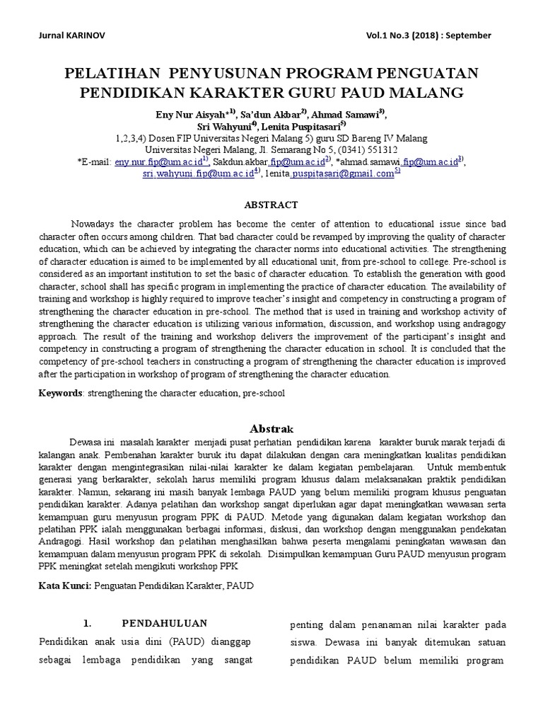 Pelatihan Penyusunan Program Penguatan Pendidikan Karakter Guru Paud Malang | PDF
