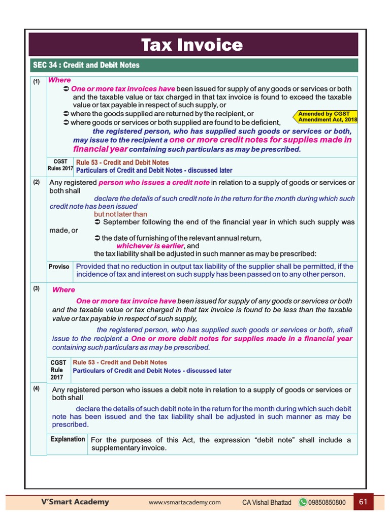 Tax Invoice: SEC 34: Credit and Debit Notes | PDF | Invoice | Debits ...