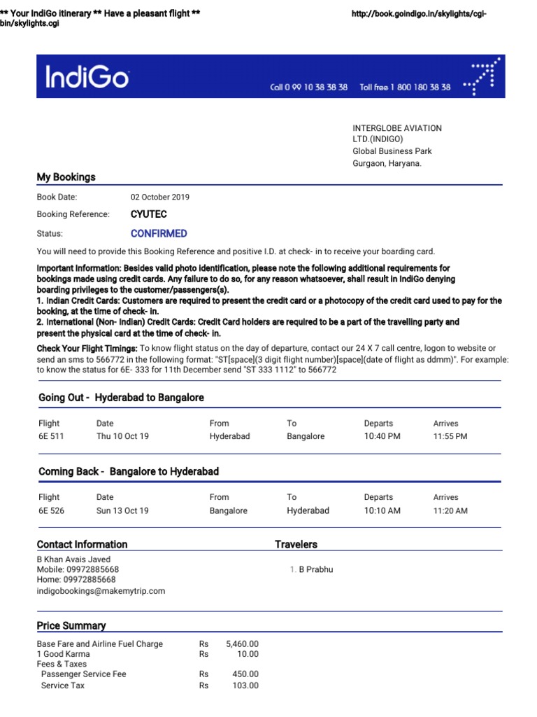 Your IndiGo flight itinerary and booking details | PDF