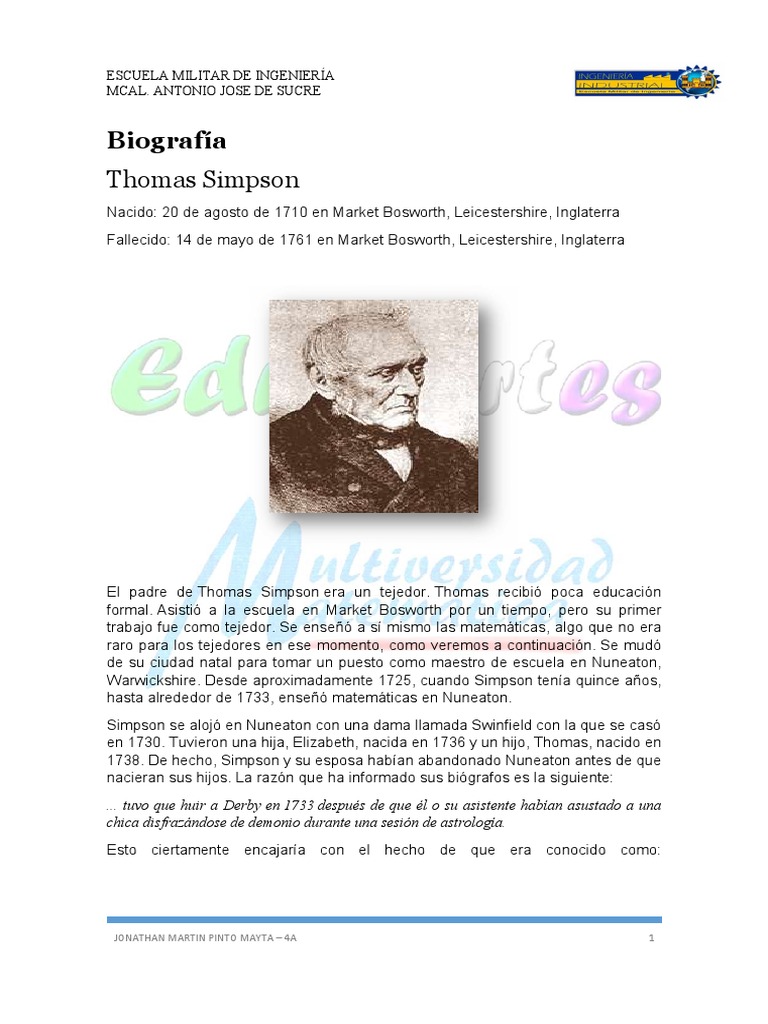 Biografía Thomas Simpson | PDF | Enseñanza de matemática | Análisis ...