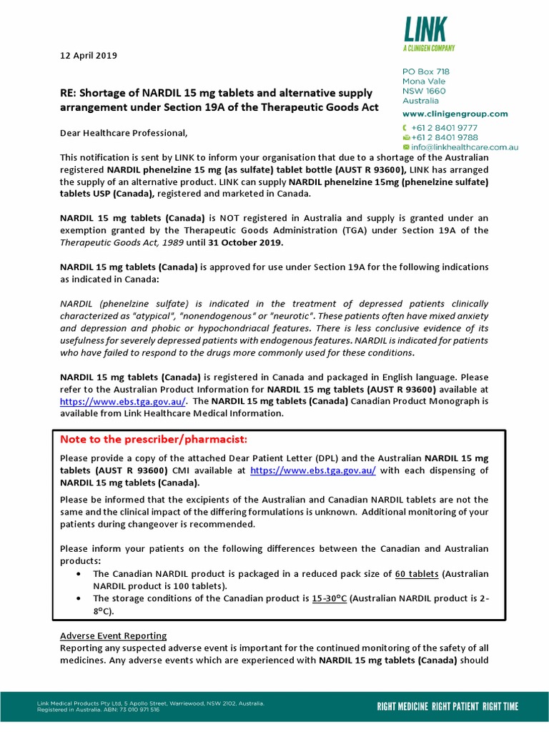 Nardil Shortage | PDF | Medicinal Chemistry | Healthcare Industry