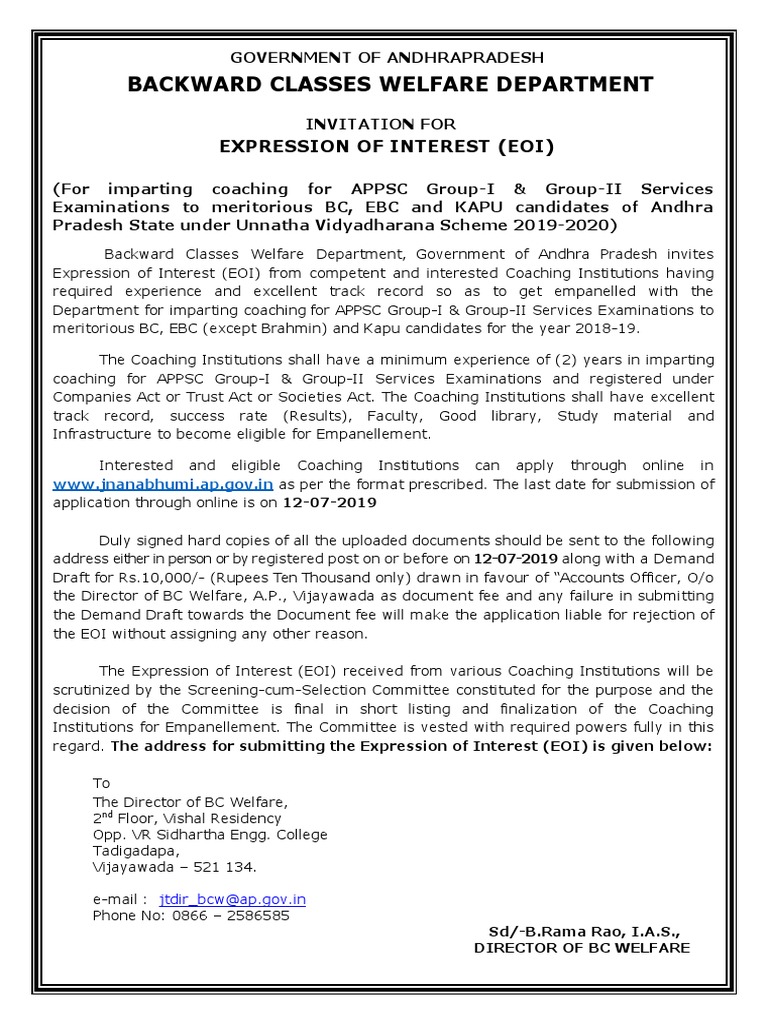 Backward Classes Welfare Department: Expression of Interest (Eoi) | PDF ...