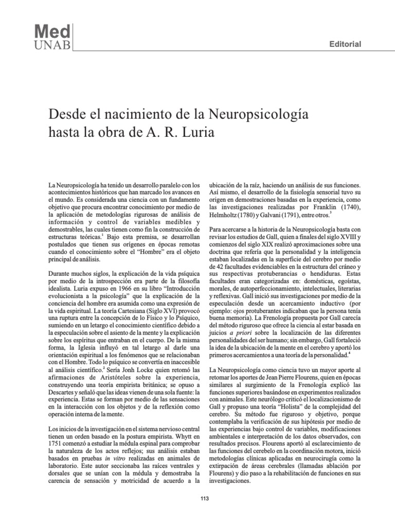 Desde El Nacimiento de La Neuropsicologia Hasta La Obra de A.R Luria ...