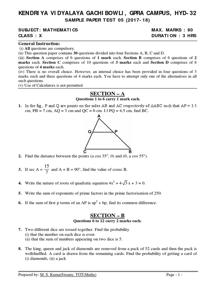 Class X Maths Sample Paper | PDF | Triangle | Area