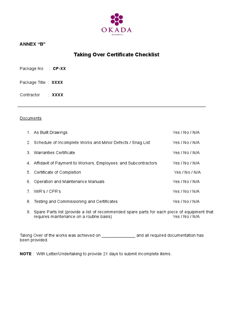 Taking Over Checklist (Contractor) Rev 12.18 | PDF