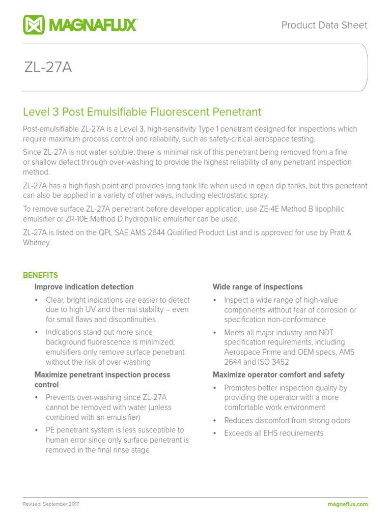 Level 3 Post Emulsifiable Fluorescent Penetrant: Product Data Sheet ...