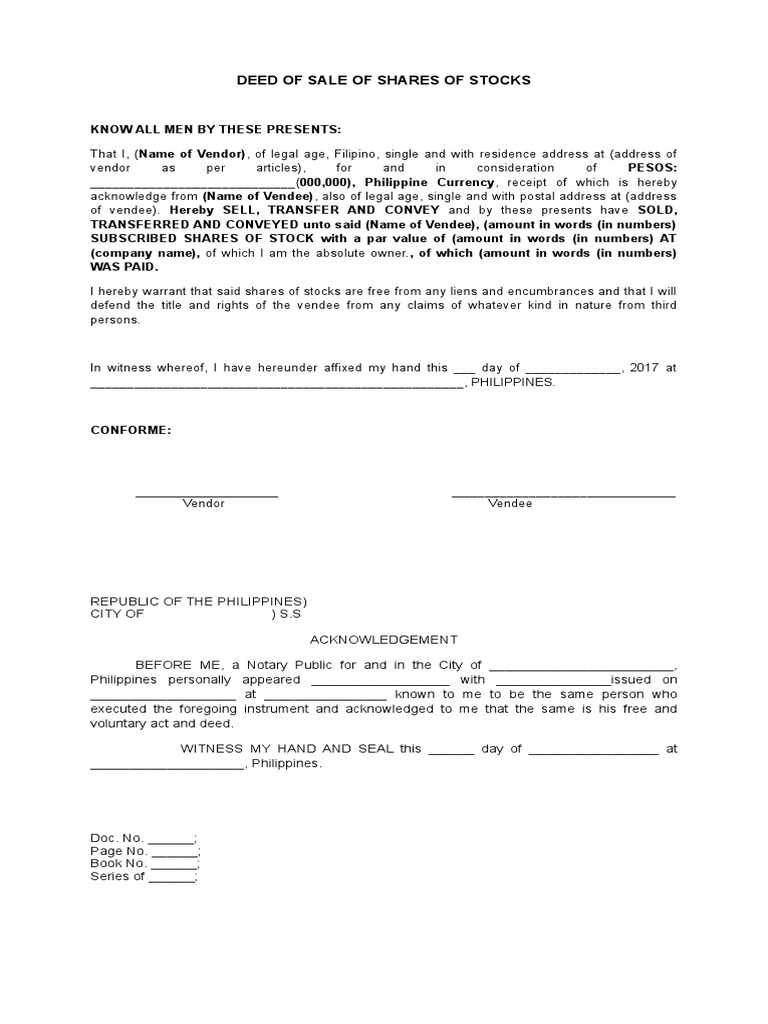 Sample Deed of Sale of Shares of Stock | PDF