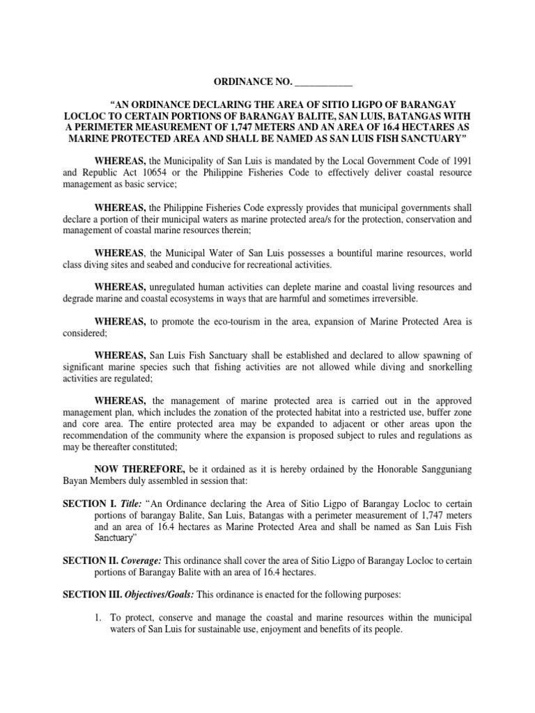 San Luis Fish Sanctuary Ordinance | PDF | Scuba Diving | Protected Area
