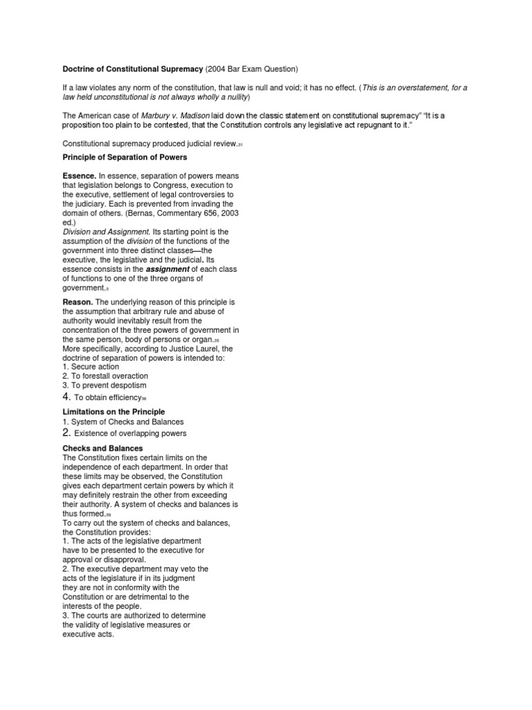 Doctrine of Constitutional Supremacy and Separation of Powers: A Comprehensive Overview of Key ...