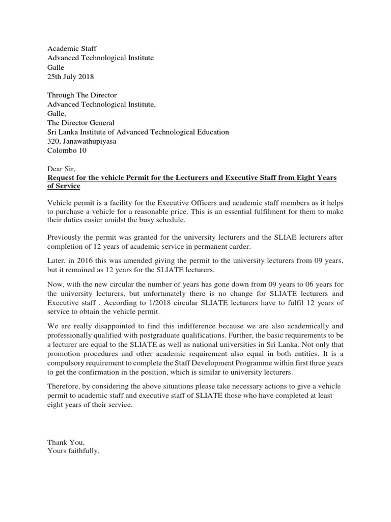 Vehicle Permit Request for SLIATE Staff | PDF