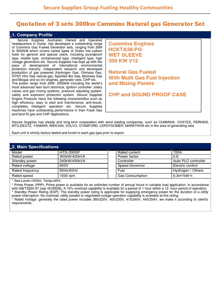 Quotation of 3 Sets 300kw Hydrogen Gas Generator Sets | PDF | Natural ...