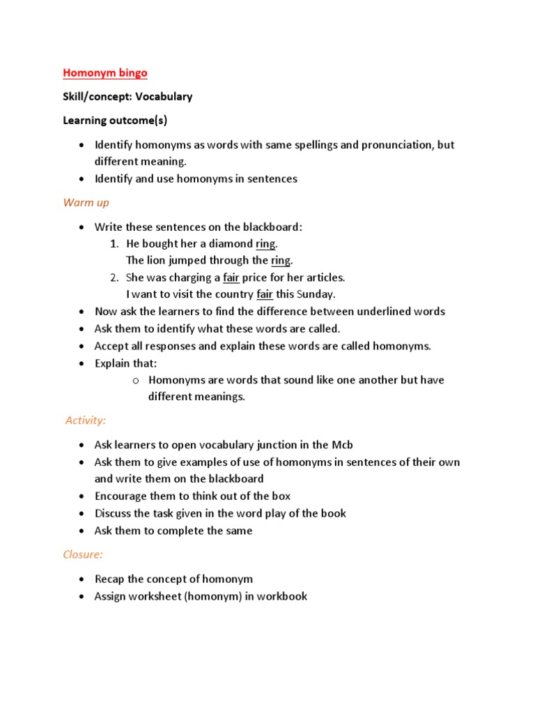 Skill/concept: Vocabulary Learning Outcome(s) : Homonym Bingo | PDF