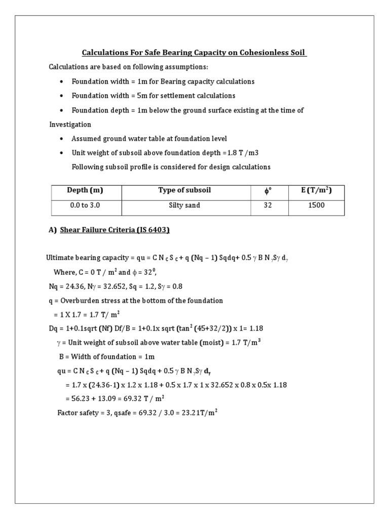 Calculations For Safe Bearing Capacity Pdf Solid Mechanics Materials