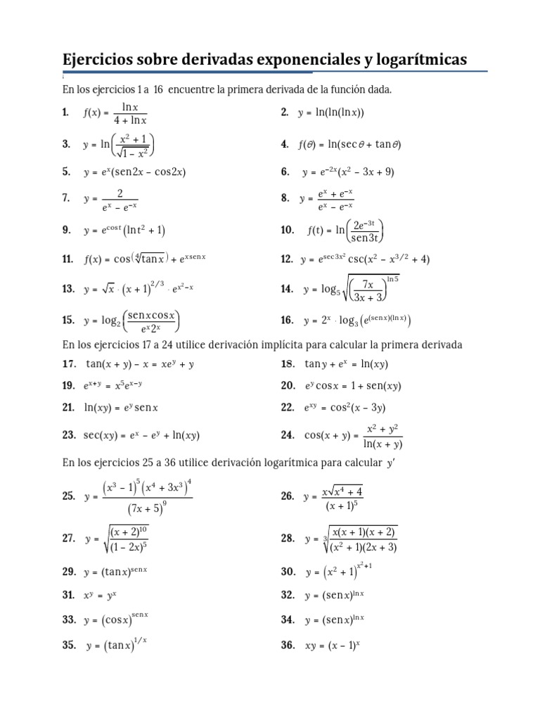 Ejercicios Derivadas Exponenciales y Logaritmicas | PDF | Geometría analítica | Geometría