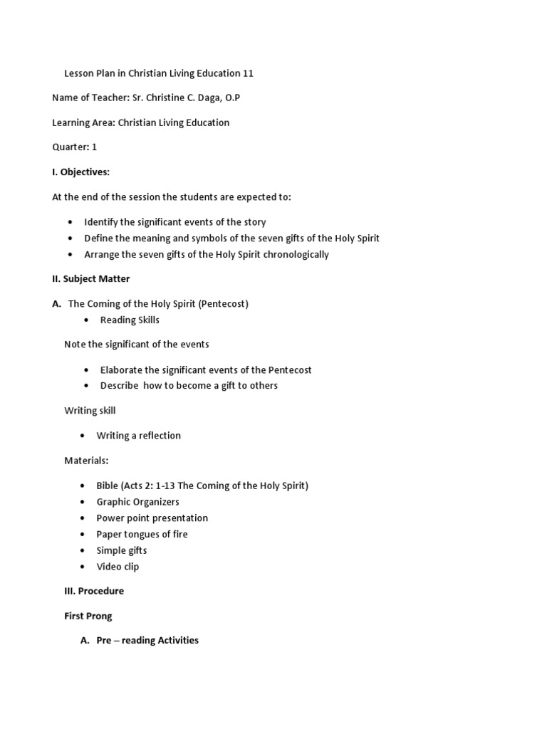 Lesson Plan in Christian Living Education 11 | Download Free PDF ...