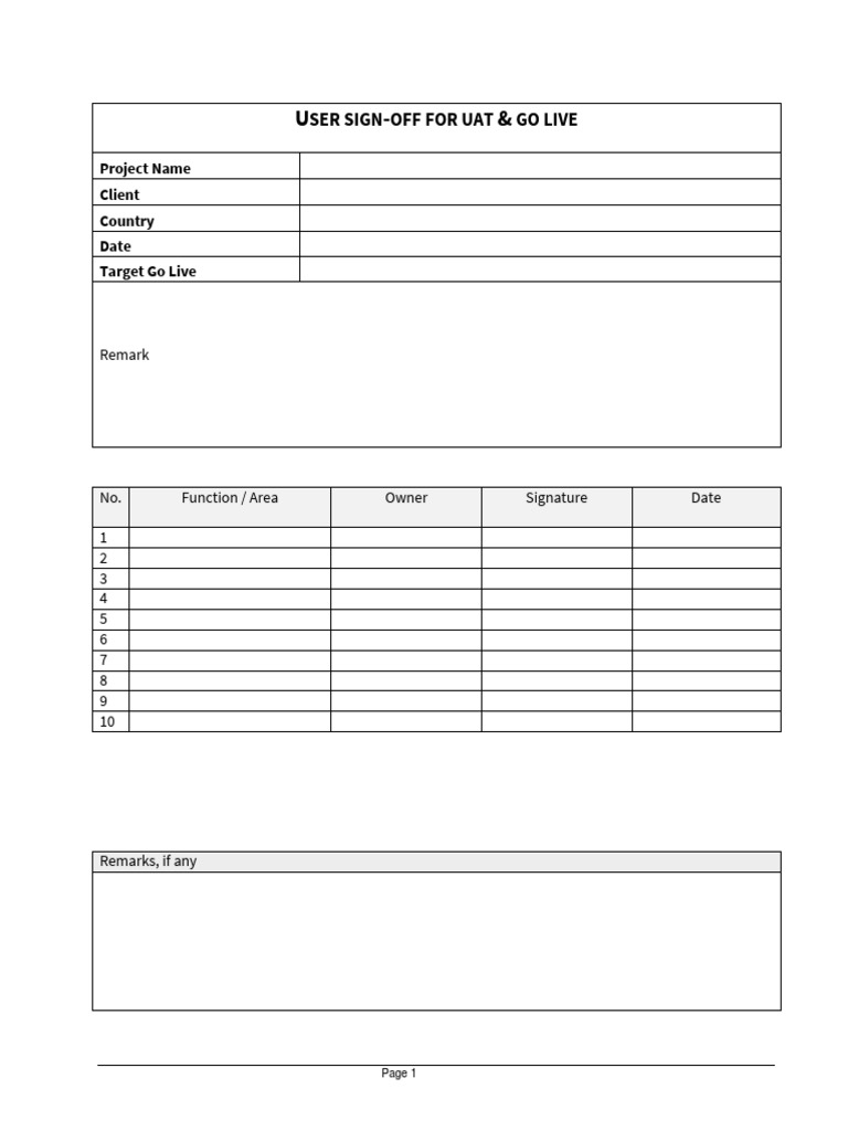 UAT & Go Live Sign-Off Template | PDF