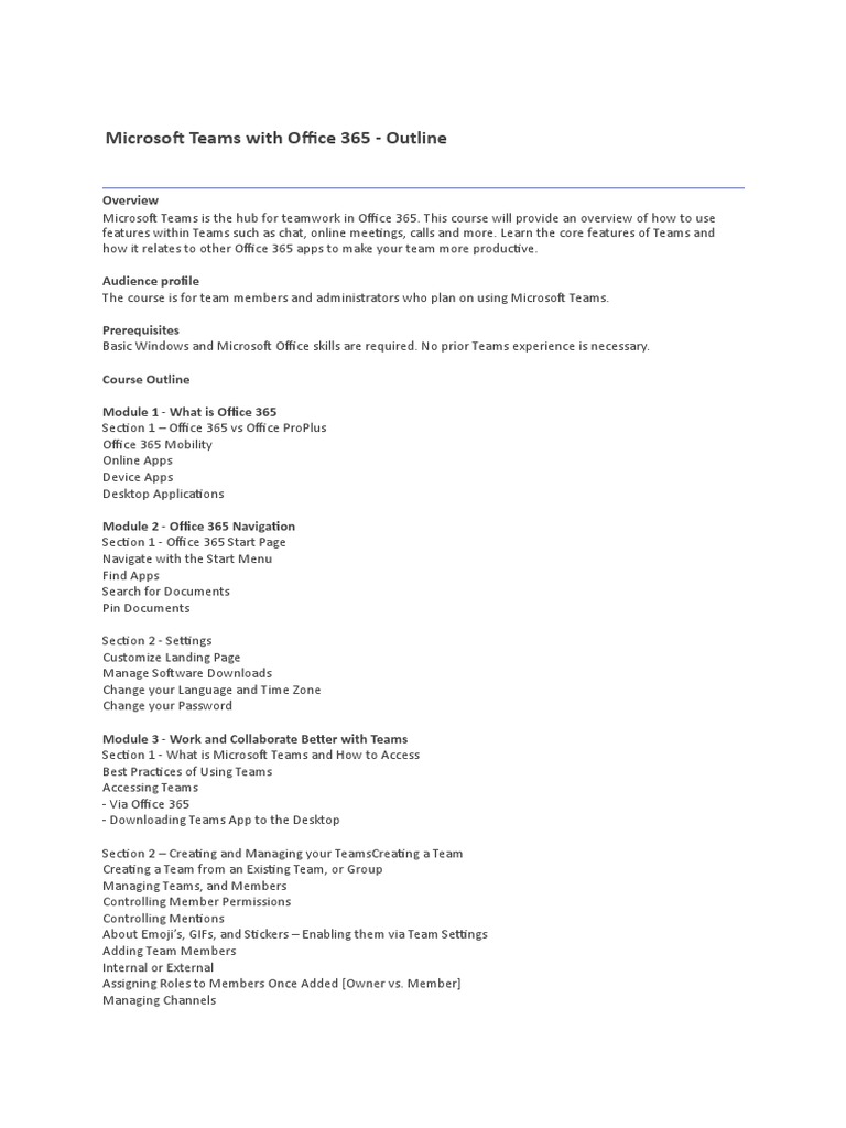 Teams Overview and Course Outline | PDF | Microsoft Office | Office 365