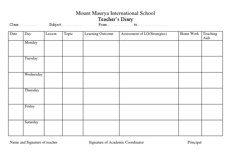 Teacher's Diary Format for Mount Maurya | PDF
