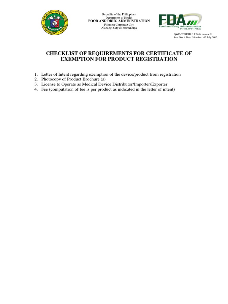 FDA Certificate of Exemption Checklist | PDF | Finance & Money ...