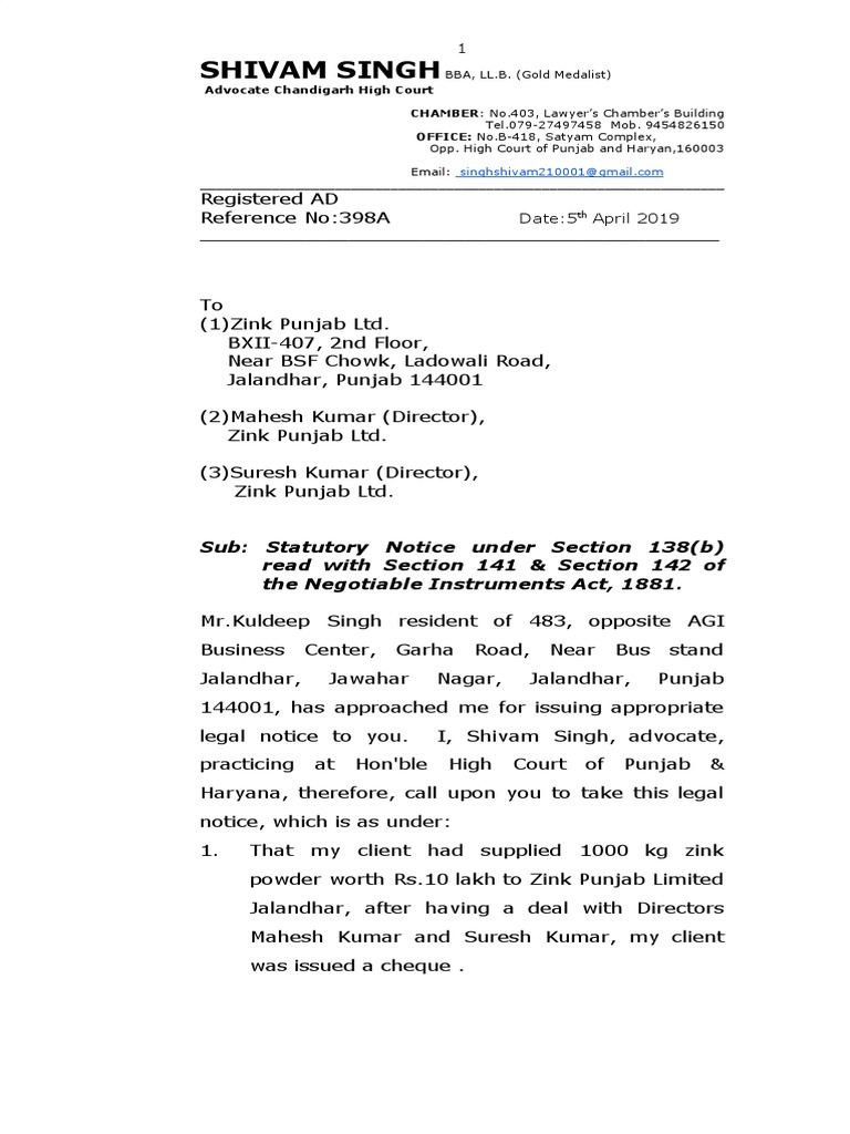 Legal Notice under Section 138 NI Act | PDF | Cheque | Banks