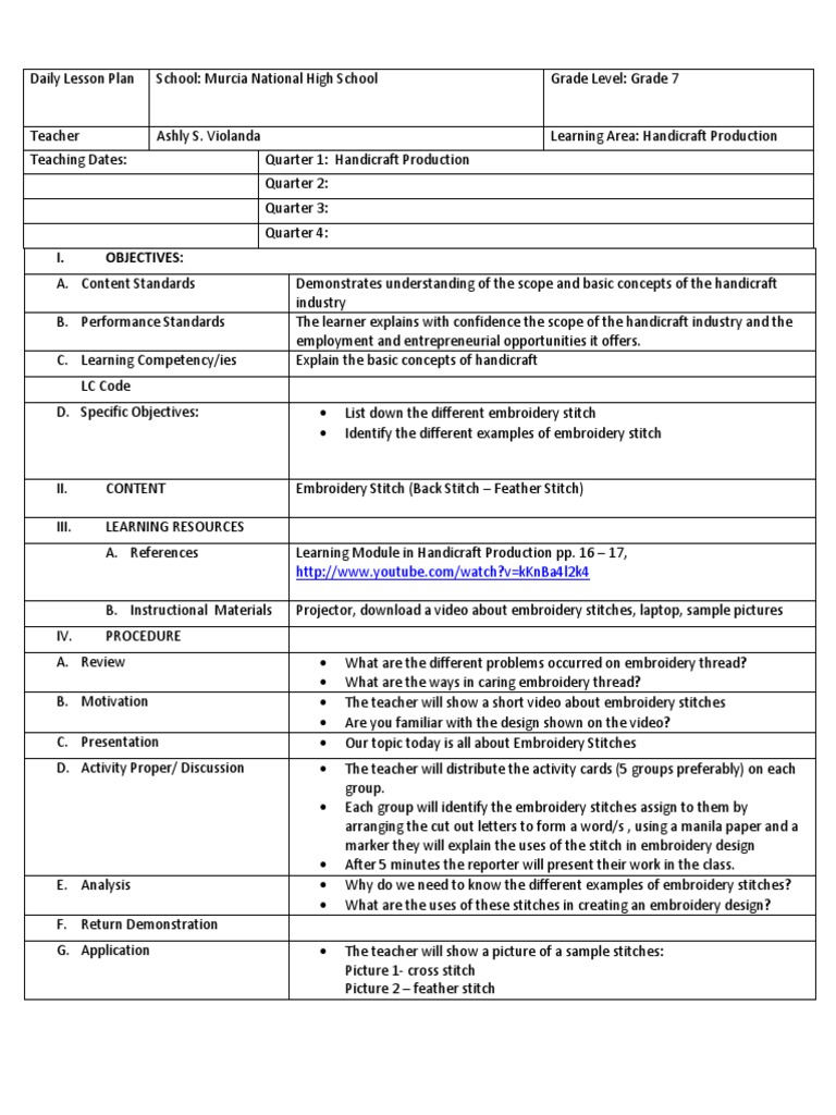 Basic Embroidery Stitches Lesson Plan | PDF | Embroidery | Lesson Plan