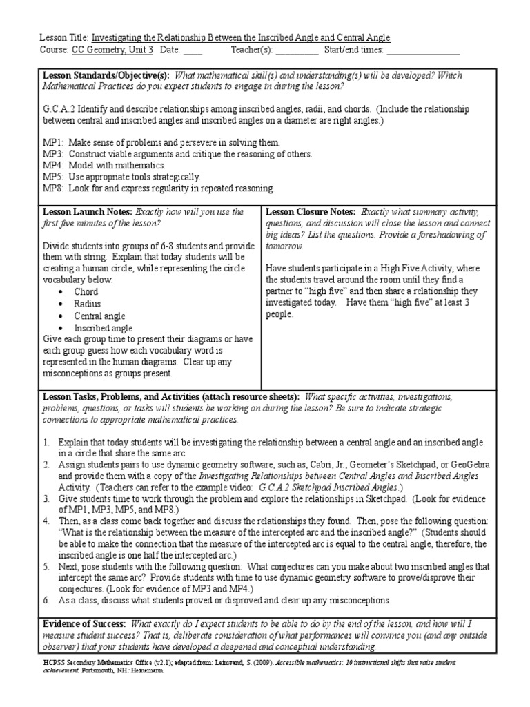 G C A 2 Lesson Central Angles and Inscribed Angles | PDF