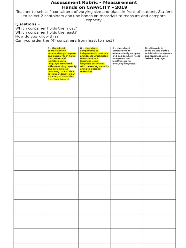 Assessment Hands On Rubric - Mass and Capacity 1 | PDF
