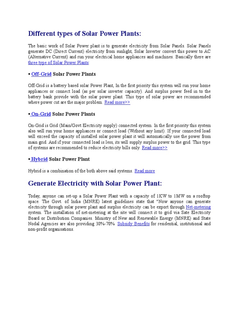 Different Types of Solar Power Plants | PDF | Solar Power | Capital ...