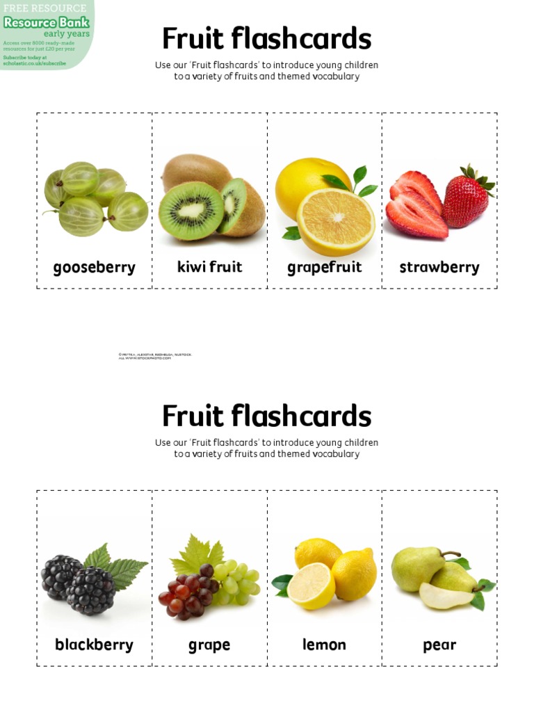 Fruit Flashcards: Gooseberry Kiwi Fruit Grapefruit Strawberry | PDF ...