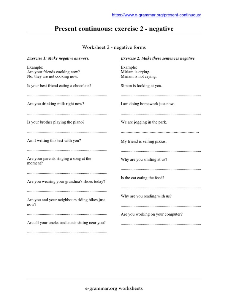 Negative Exercises for Present Continuous | PDF | Foods
