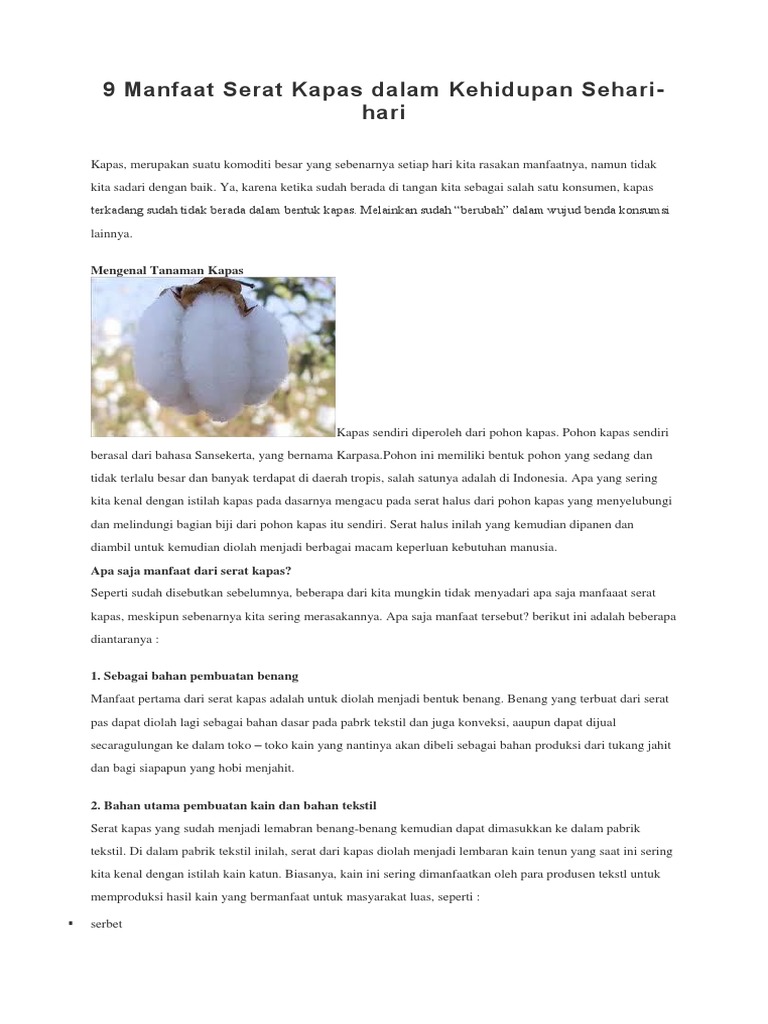 9 Manfaat Serat Kapas Dalam Kehidupan Sehari | PDF | Griya & Taman