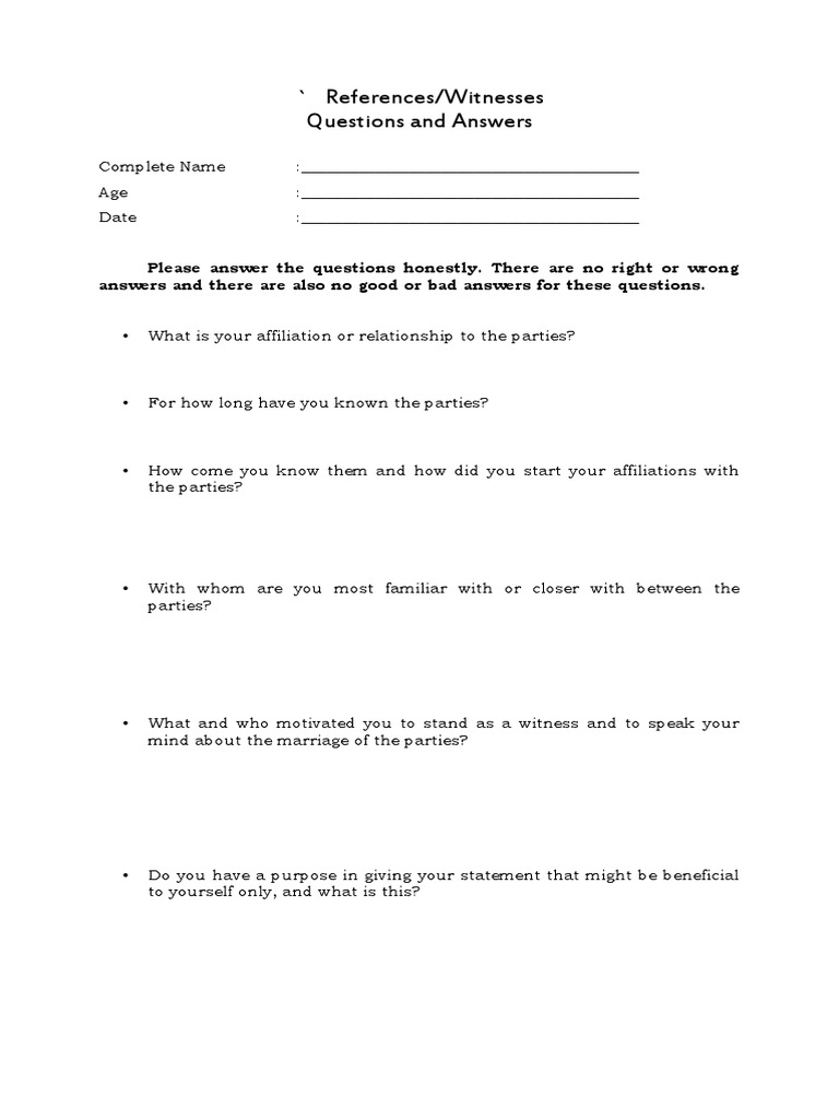 WITNESSES' Questions and Answers | Download Free PDF | Marriage ...