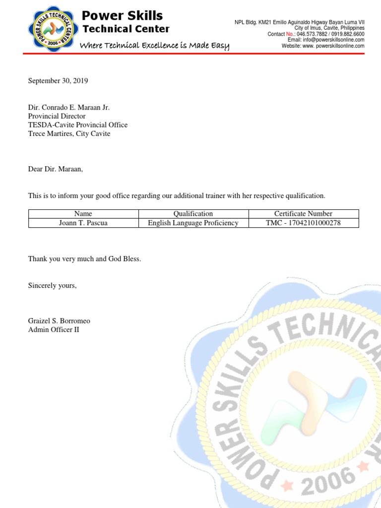 Additional Trainer for Tesda