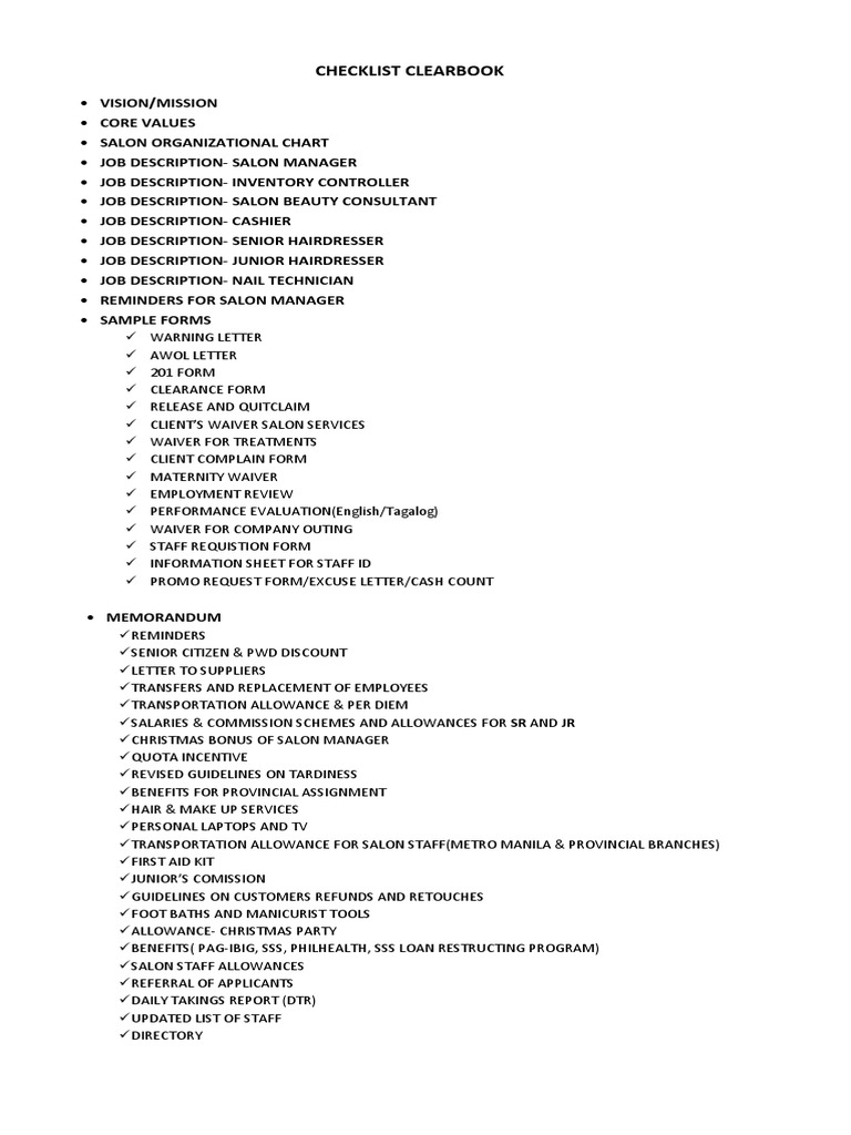 Salon Duties and Responsibilities Checklist | PDF | Business | Finance ...