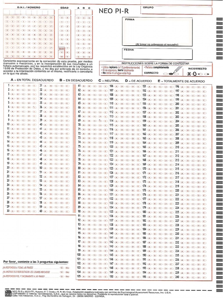 Hoja de Respuesta Neo Pi-R | PDF