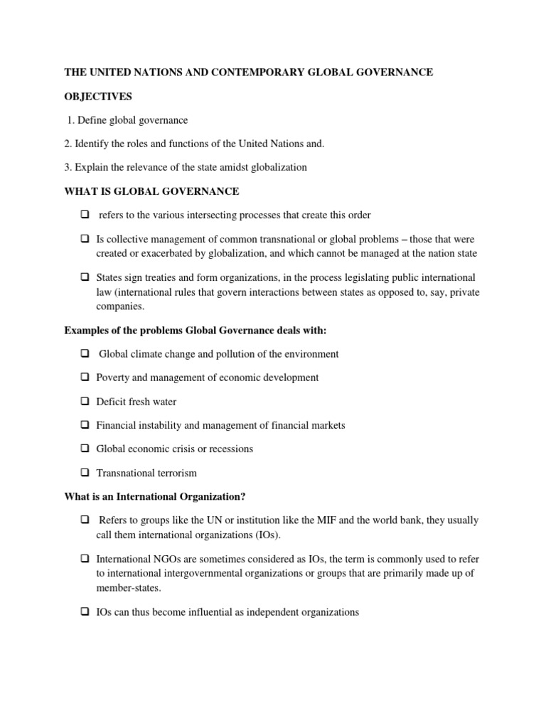 The United Nations and Contemporary Global Governance Objectives | PDF ...