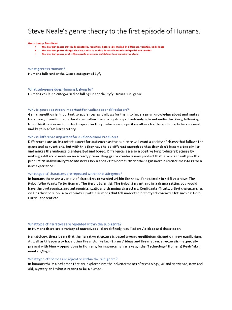 Steve Neale's Genre Theory To The First Episode of Humans | Download ...