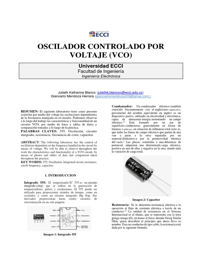 Oscilador Controlado Por Voltaje (Vco) : Universidad ECCI | PDF | Condensador | Resistencia ...