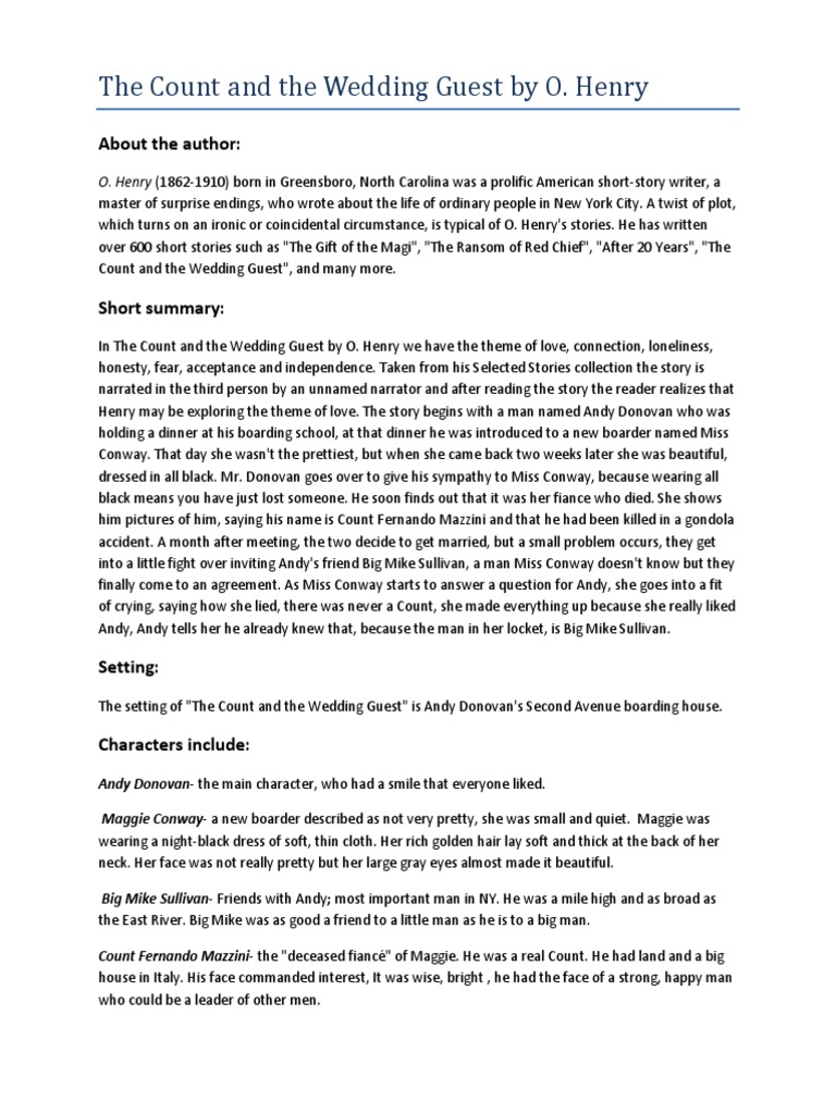 The Count and the Wedding Guest Summary | PDF | O. Henry